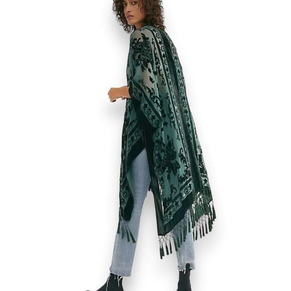 Kimonos & Yukatas | Forestgreen Velvet Floral Long Fringe Kimono Jacket ...